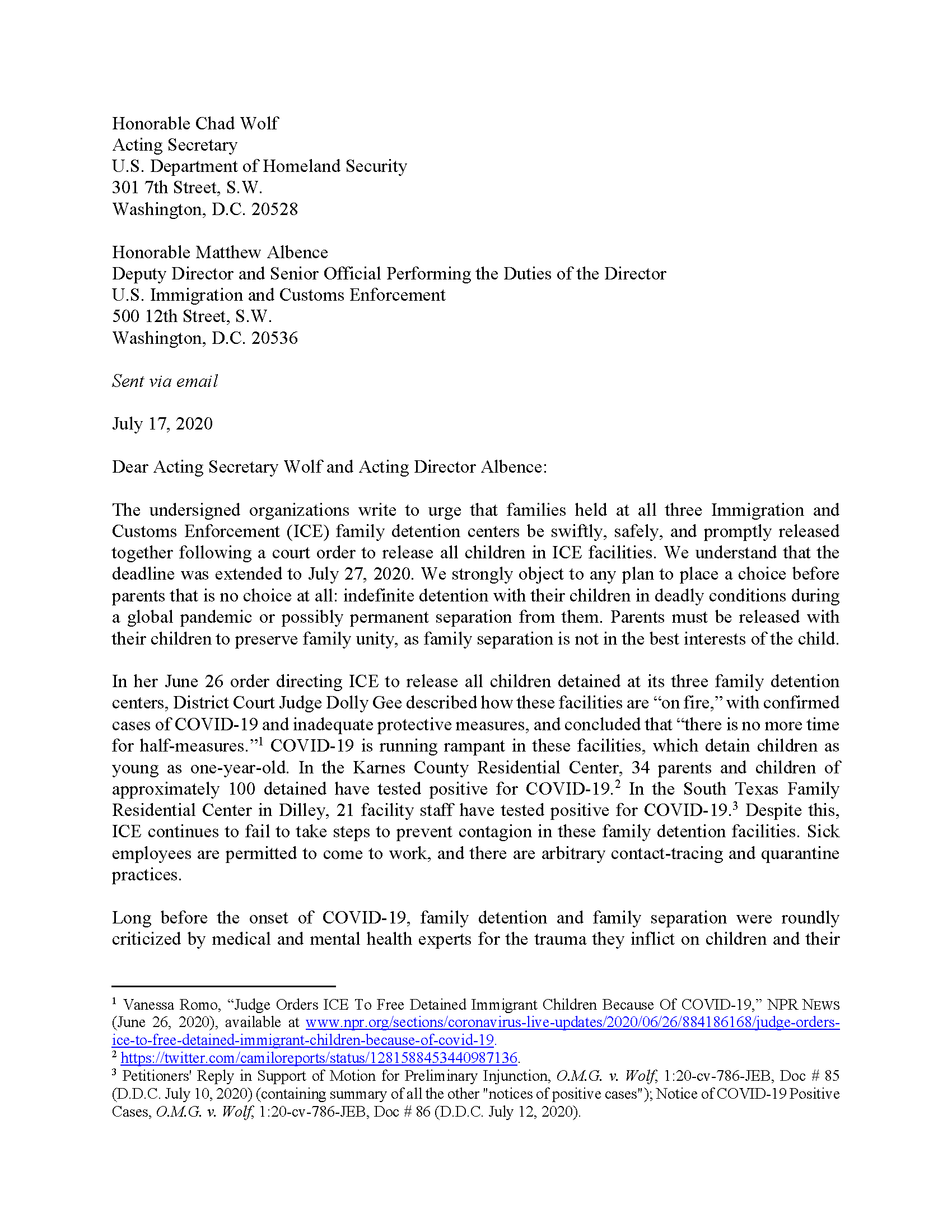 NGO Letter on Family Separation and Detention | Women's Refugee Commission