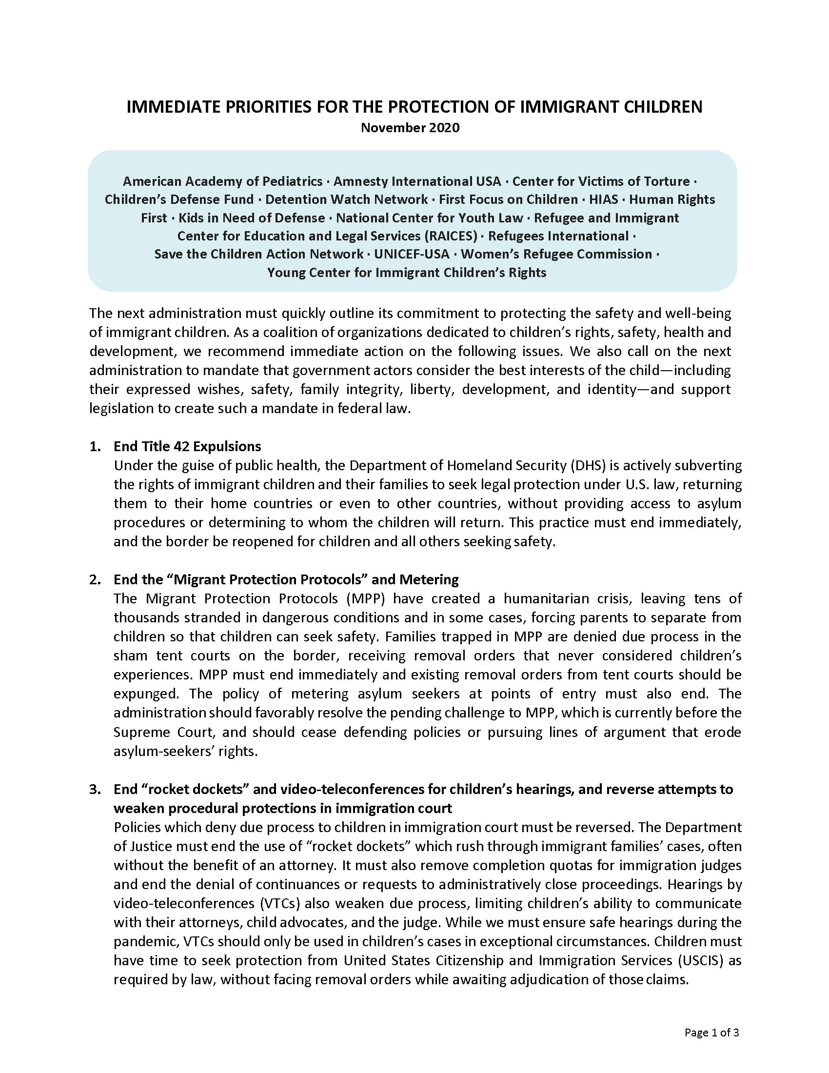 Immediate Priorities for the Protection of Immigrant Children | Women's ...