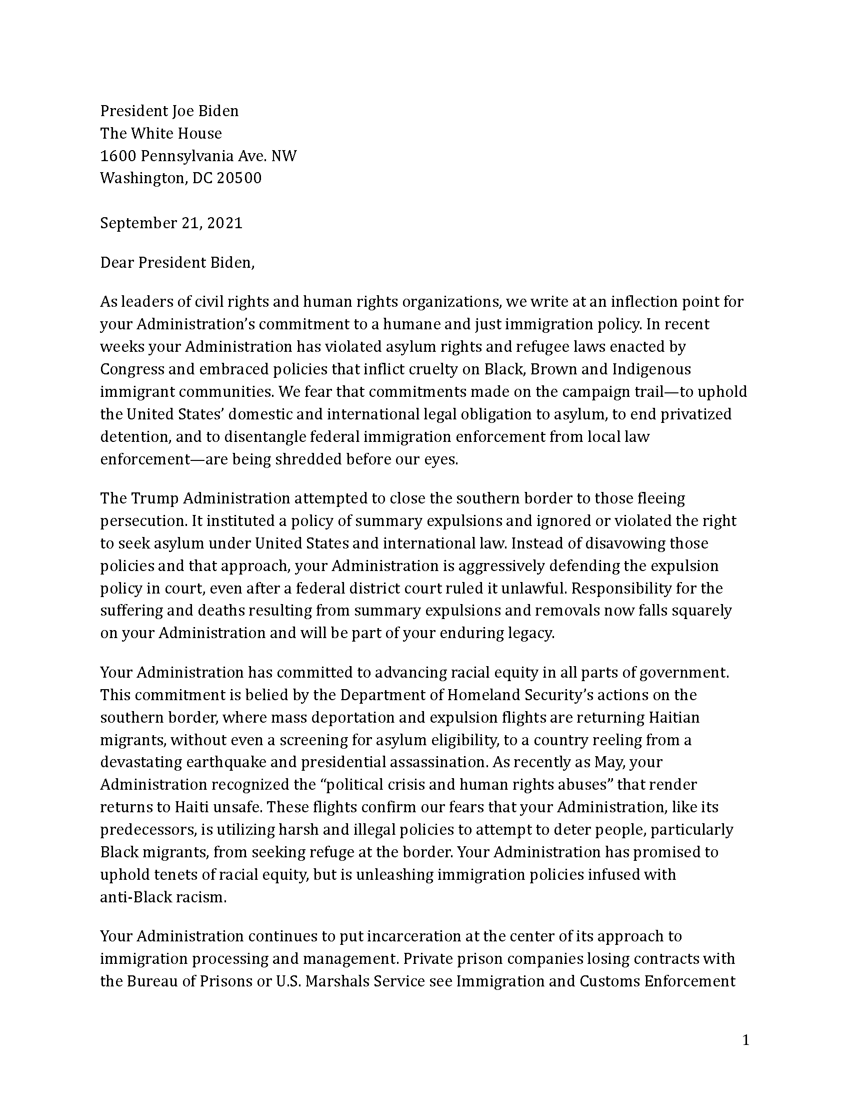 Rights Organizations Letter To President Joe Biden Opposing