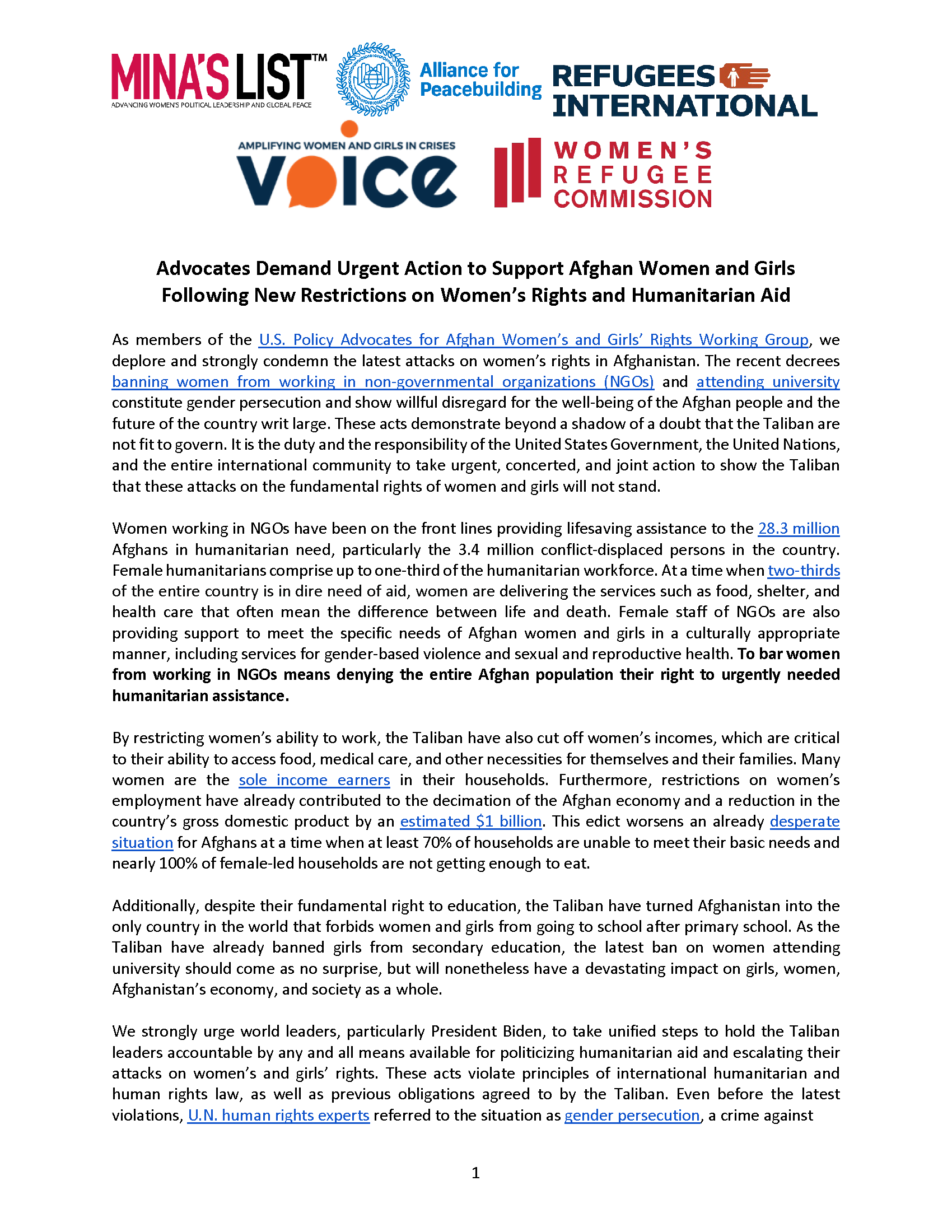 Statement on the Situation of Afghan Women and Girls | Women's Refugee ...