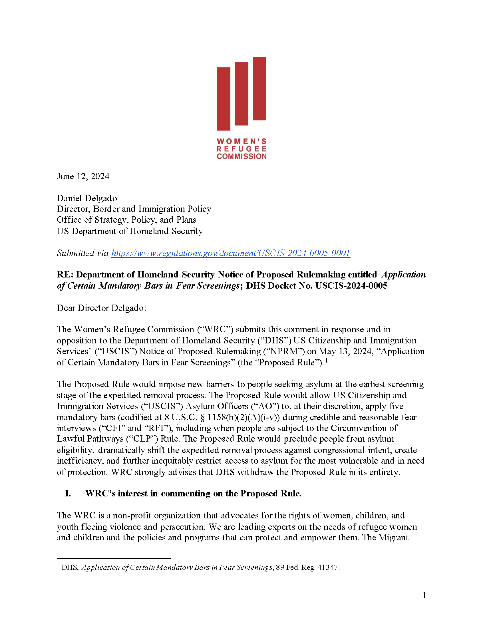 WRC's Comment to DHS in Opposition to Mandatory Asylum Bars Rule ...